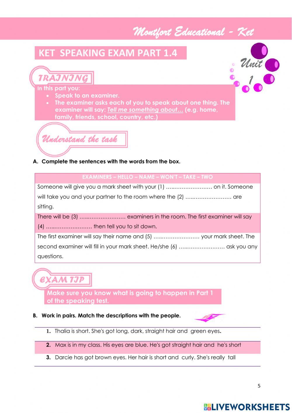 KET SPEAKING UNIT 1 4903361 | Montfort Educational School
