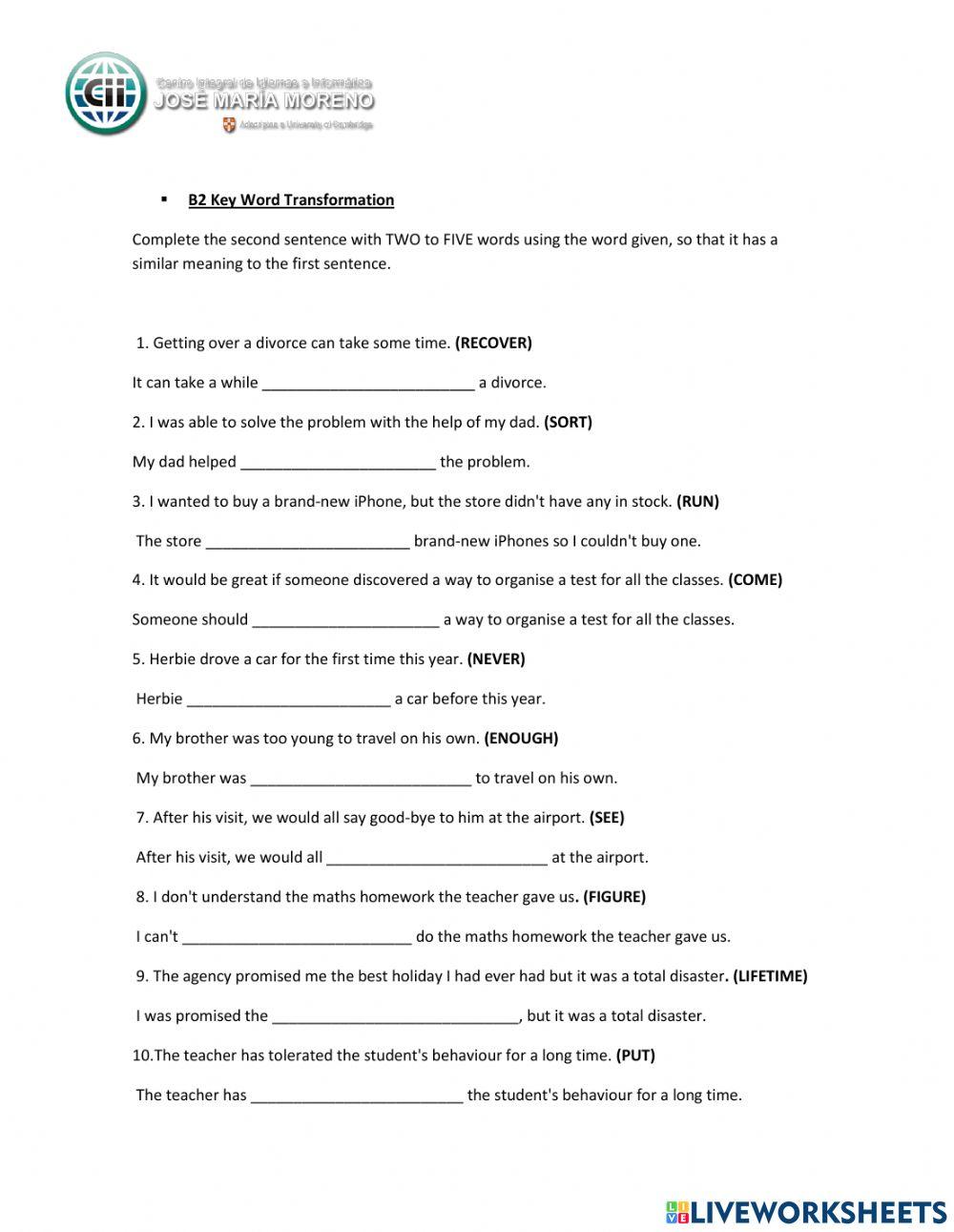 Key word transformation 3 interactive worksheet | Live Worksheets