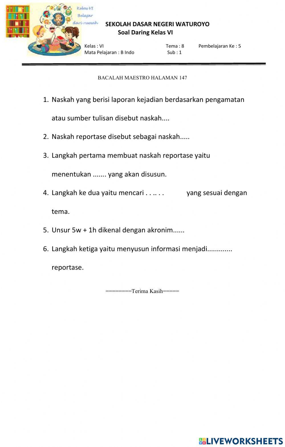 Pb 5 sub 1 tema 8 b indo 147 worksheet | Live Worksheets