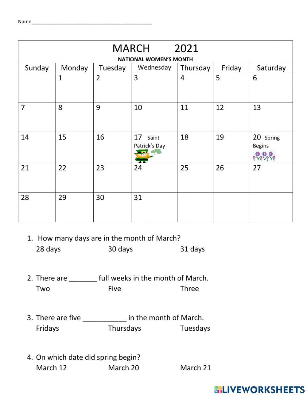 Calendar 846424 | FBThomas | Live Worksheets