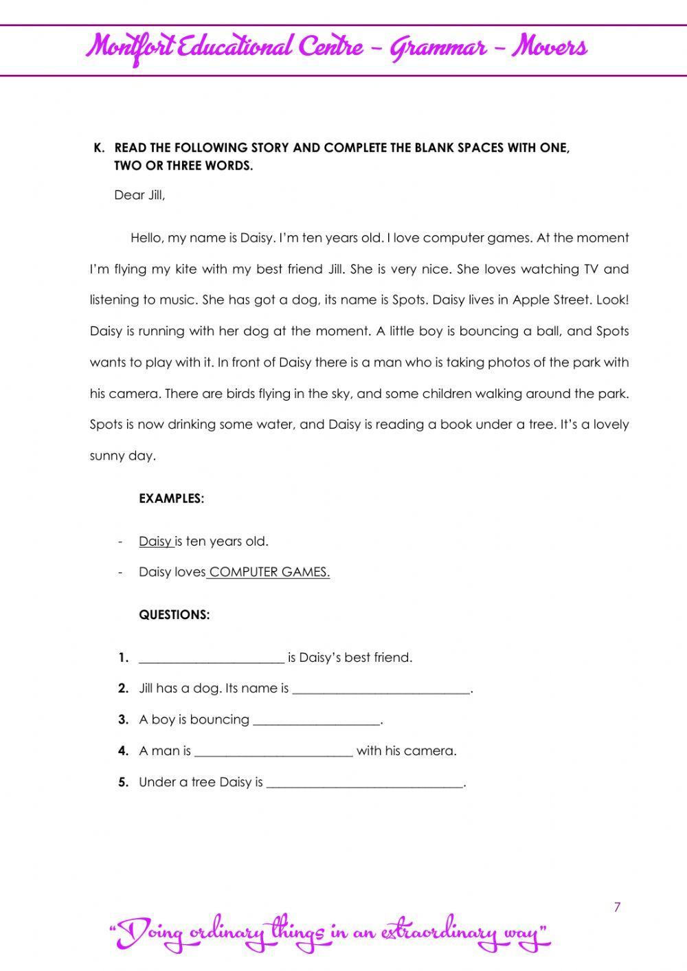 MOVERS GRAMMAR UNIT 1 online exercise for | Live Worksheets