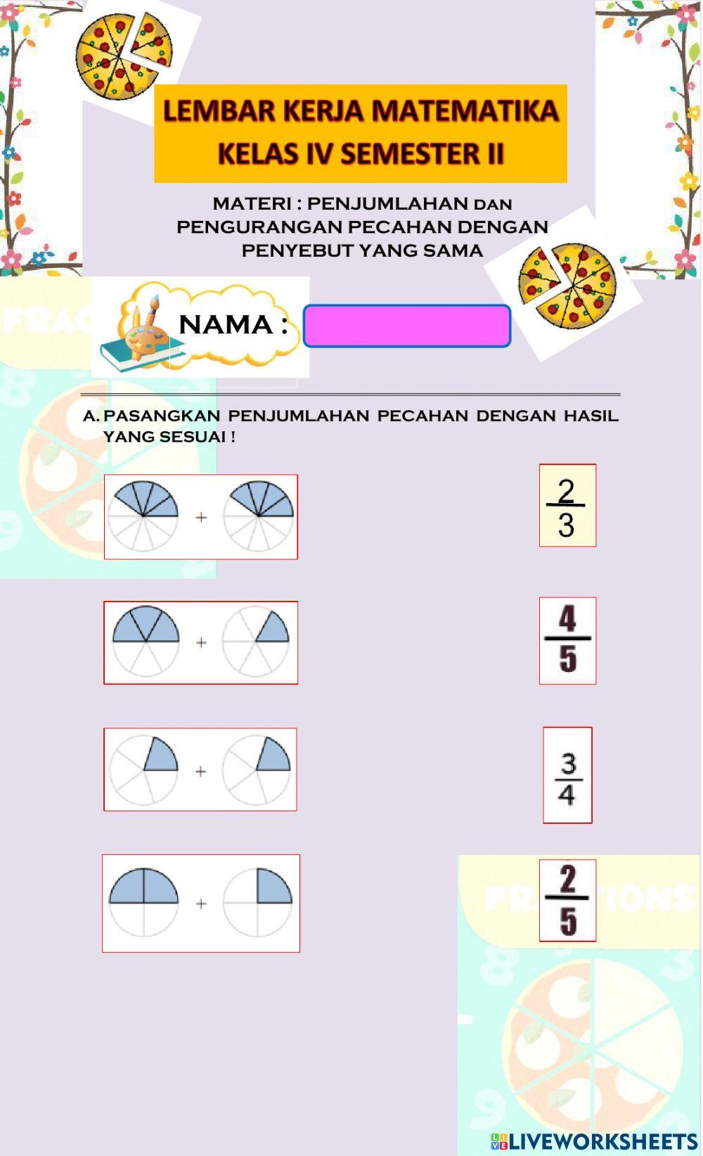 Mtk pecahan worksheet | Live Worksheets