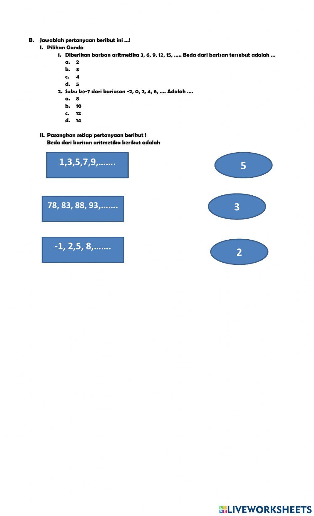 Barisan Aritmetika interactive worksheet | Live Worksheets