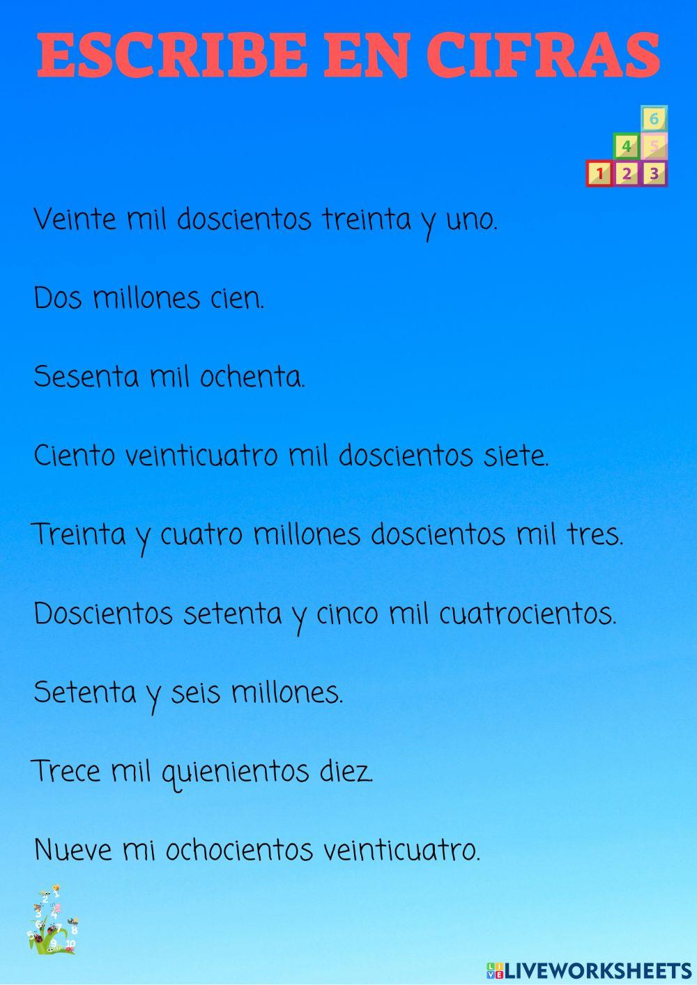 Escribe en cifras worksheet | Live Worksheets