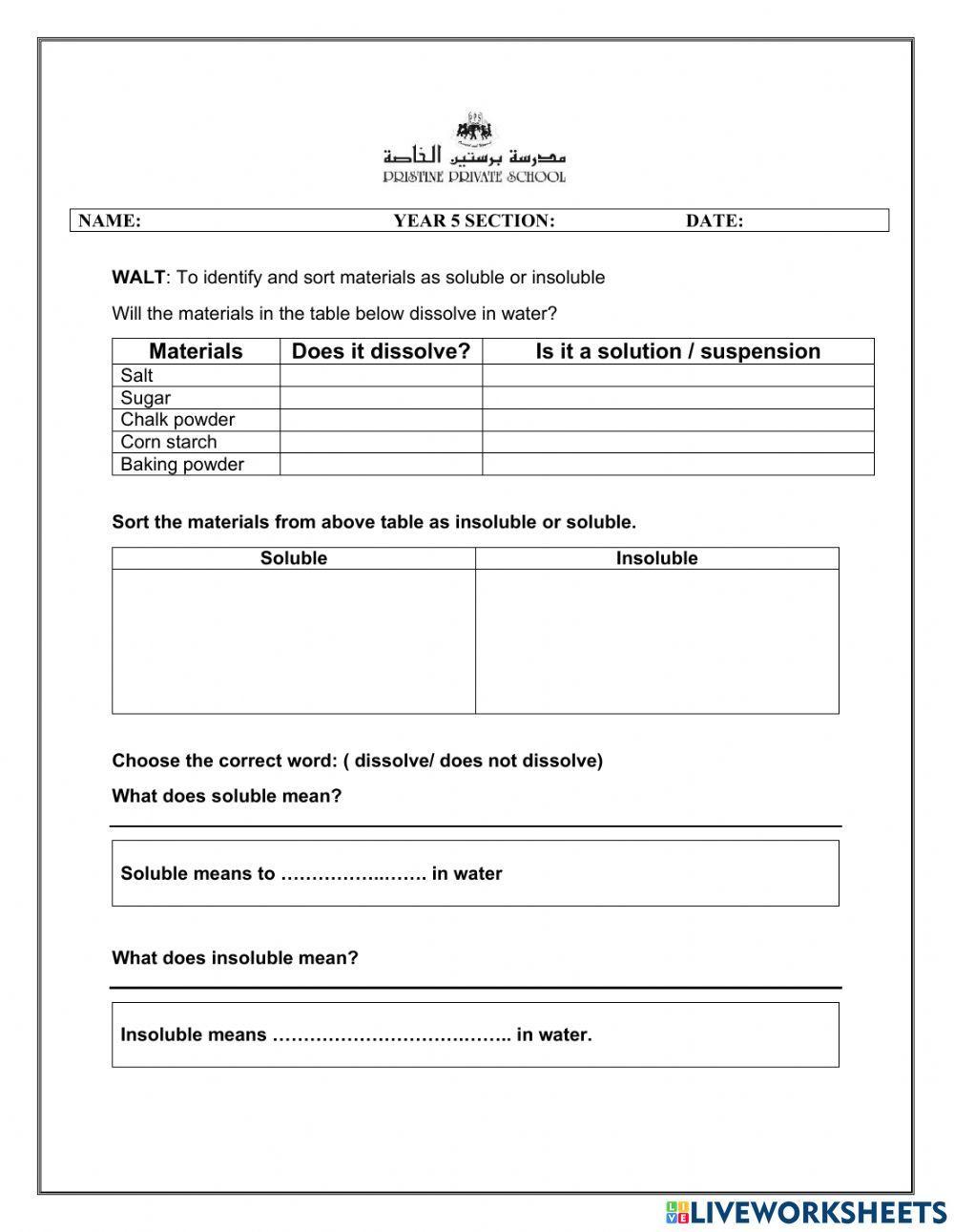 Solubility task… | Free Interactive Worksheets | 4905076