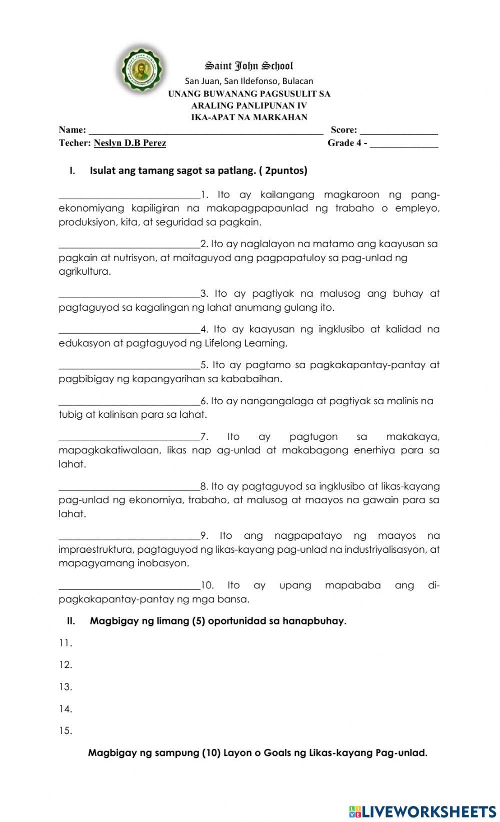 Monthly Exam | Free Interactive Worksheets | 847475