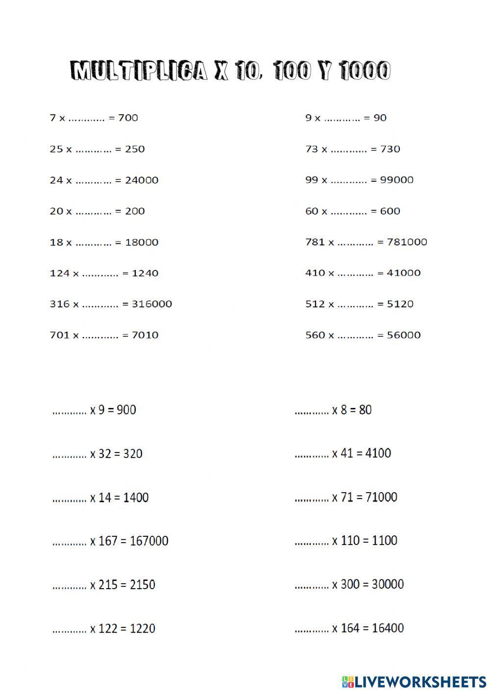 Multiplica x10,100 y 1000 worksheet | Live Worksheets