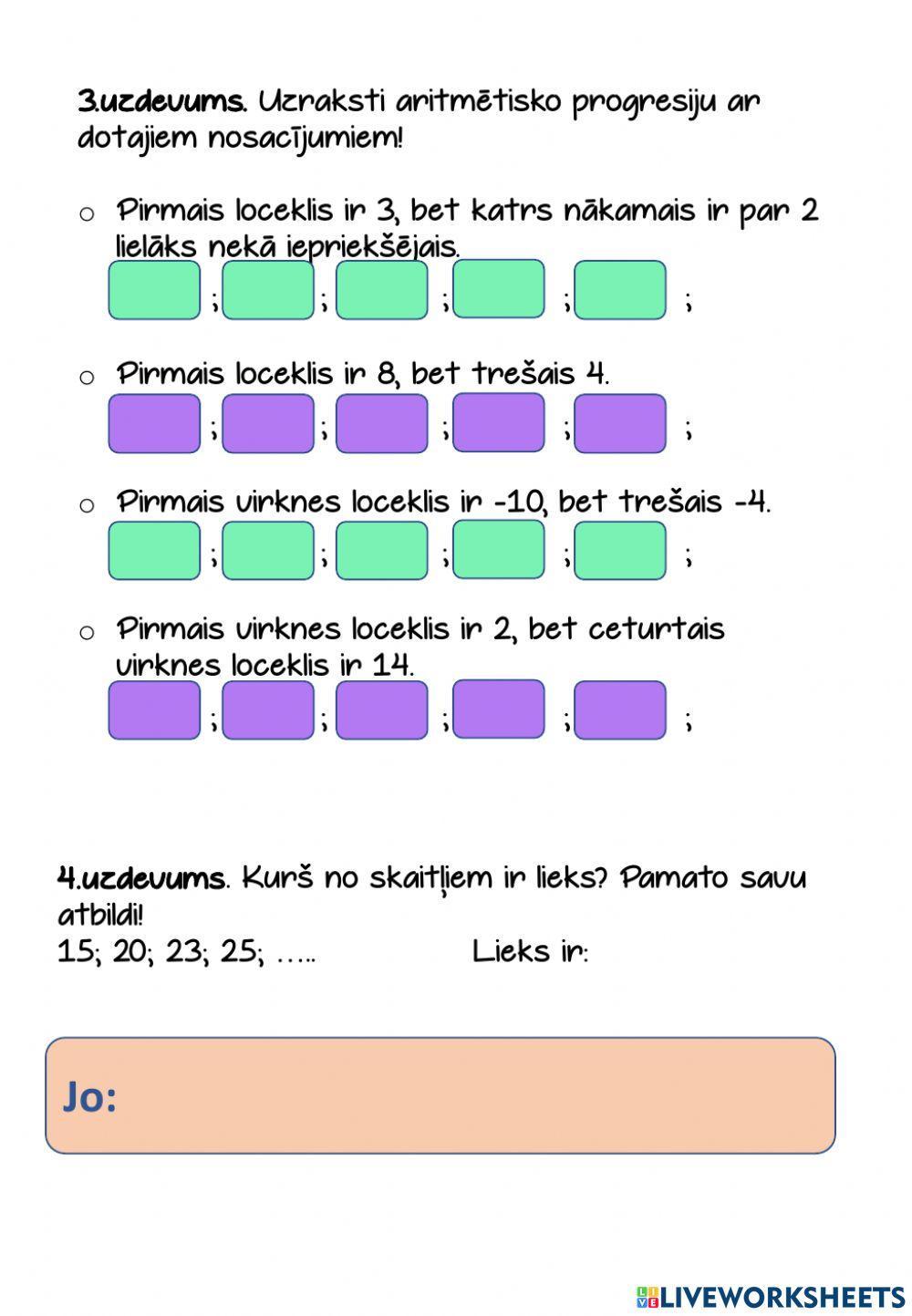 Aritmētiskā progresija interactive worksheet | Live Worksheets