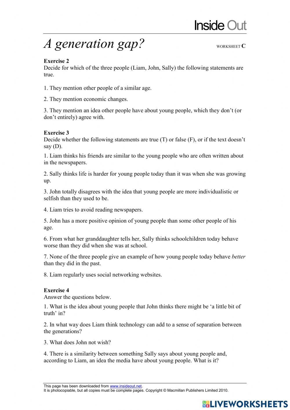 generation gap worksheet