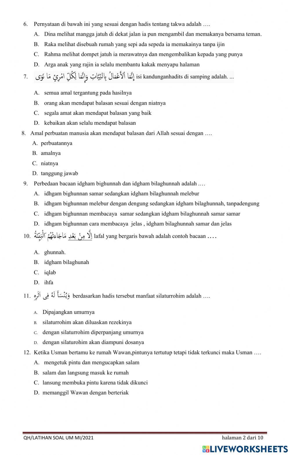 Latihan UM Qur'an Hadits worksheet | Live Worksheets