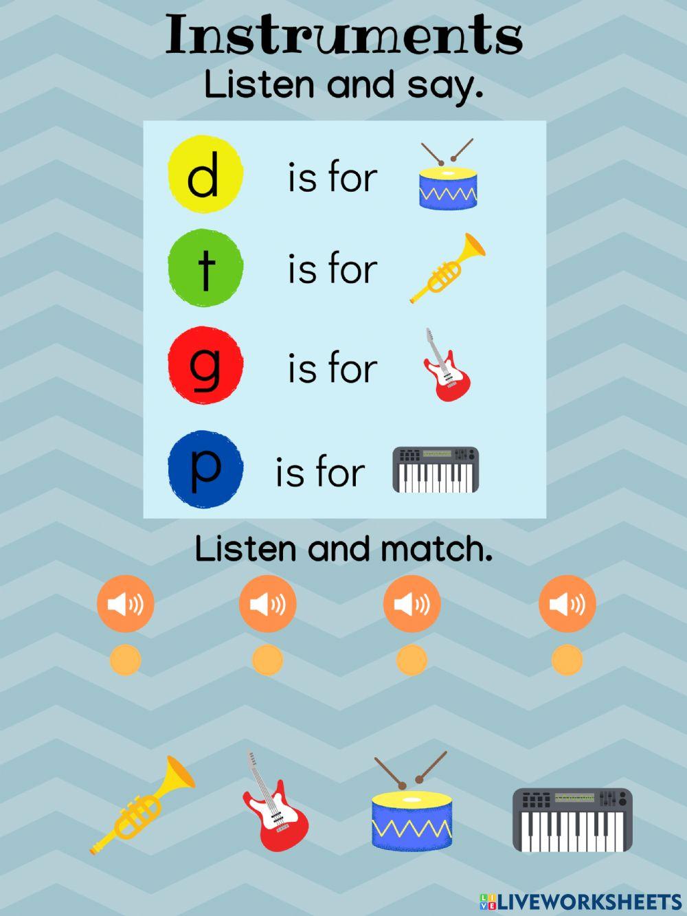 Musical instruments online pdf worksheet | Live Worksheets