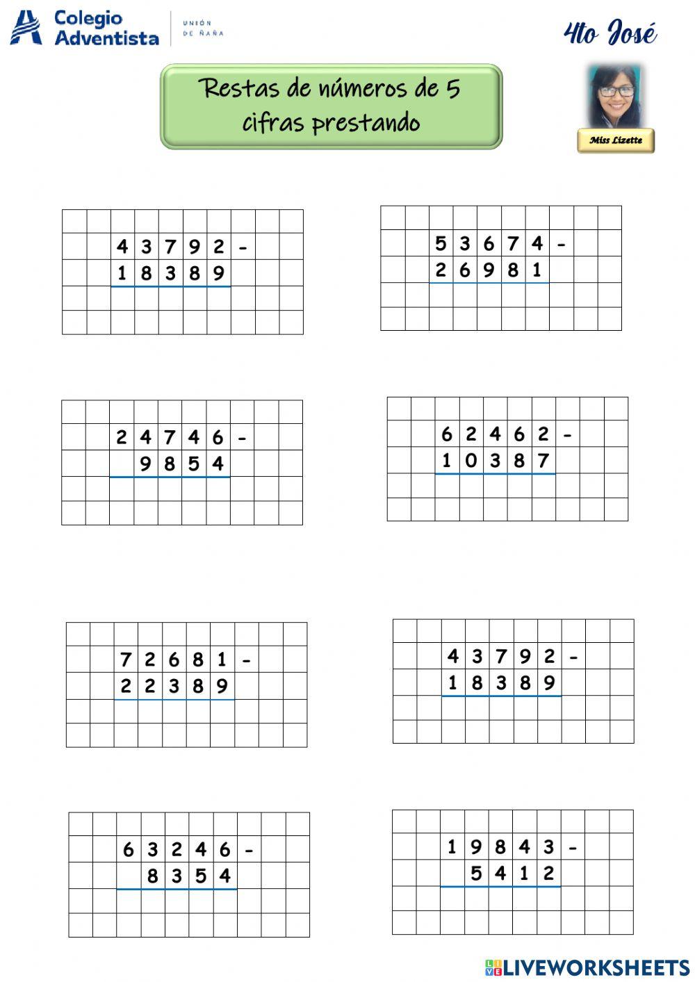Hojas De Trabajo De Resta Con Millares Ficha