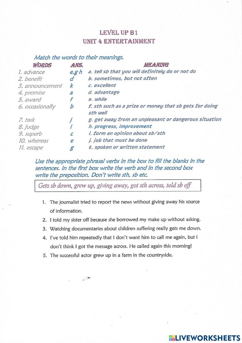 Level up b1 unit 4 quiz part 1 worksheet | Live Worksheets