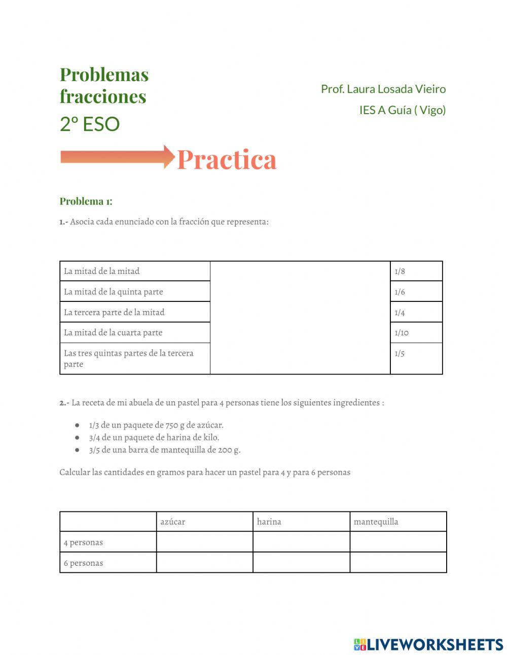 Problemas con fracciones 1 worksheet | Live Worksheets