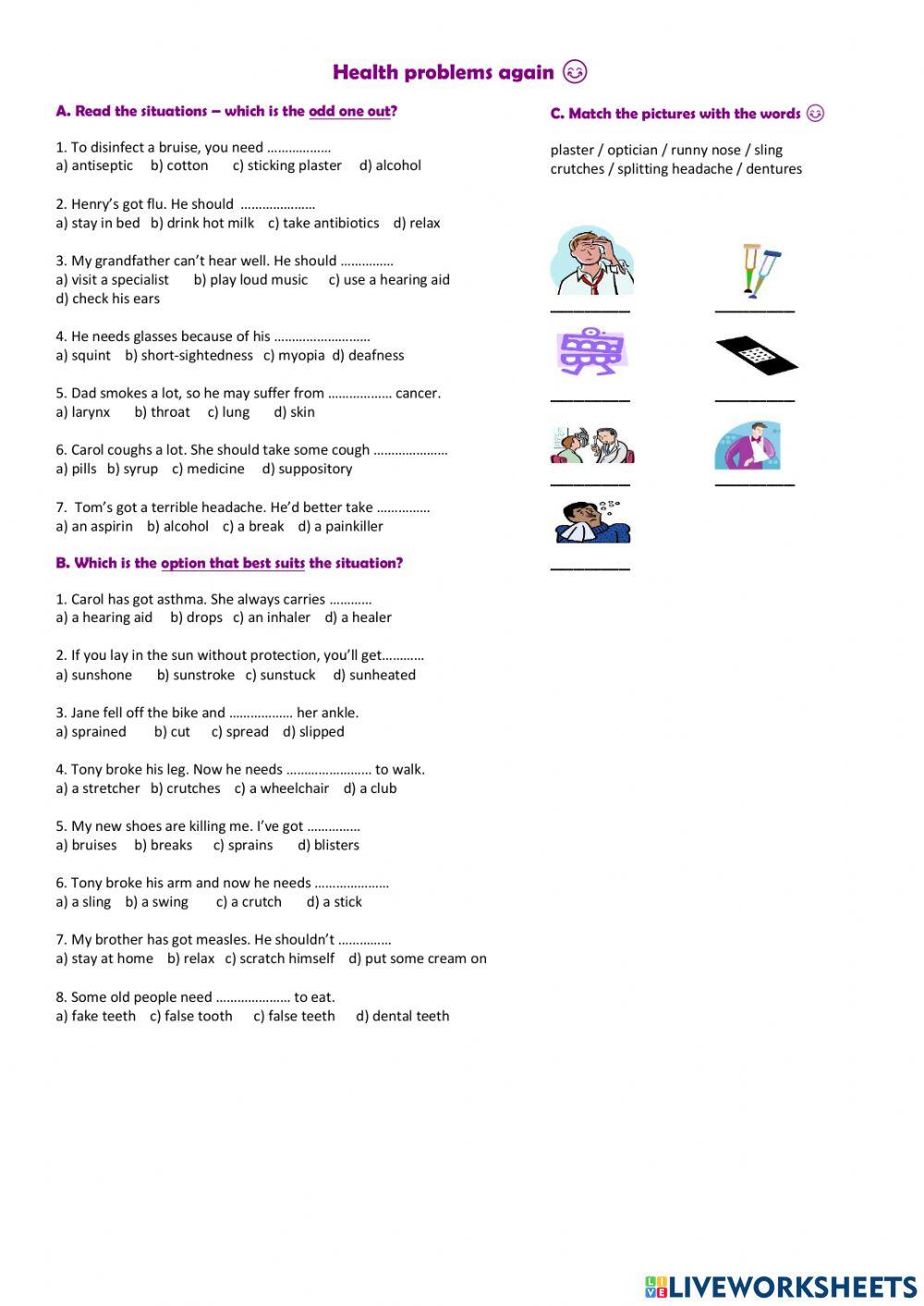 Health problems exercise for Intermediate | Live Worksheets