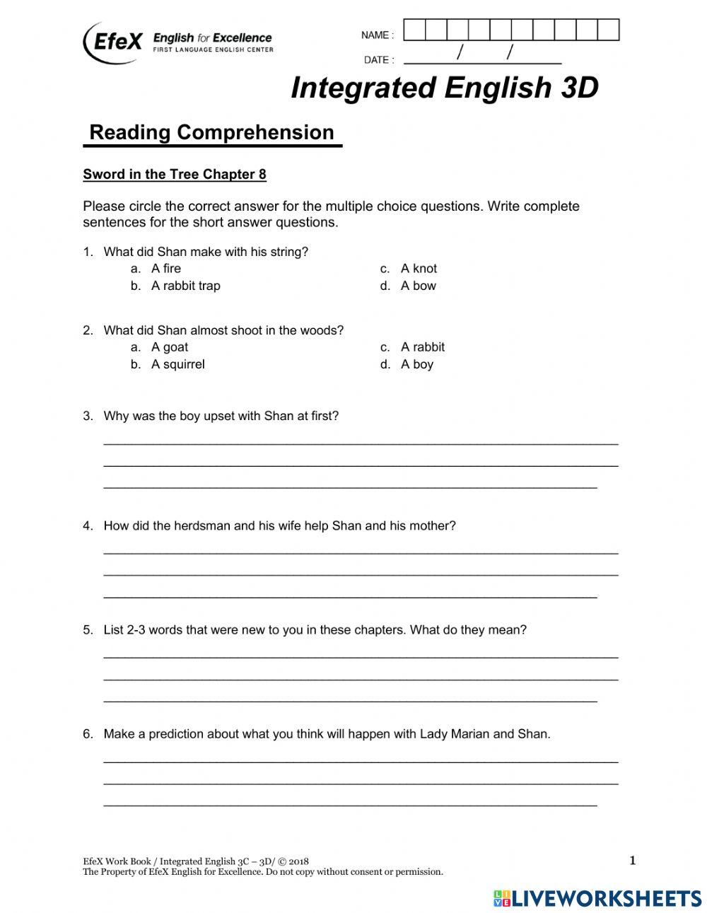 Efex, IE 3D Reading Comprehension chpt 8 worksheet | Live Worksheets