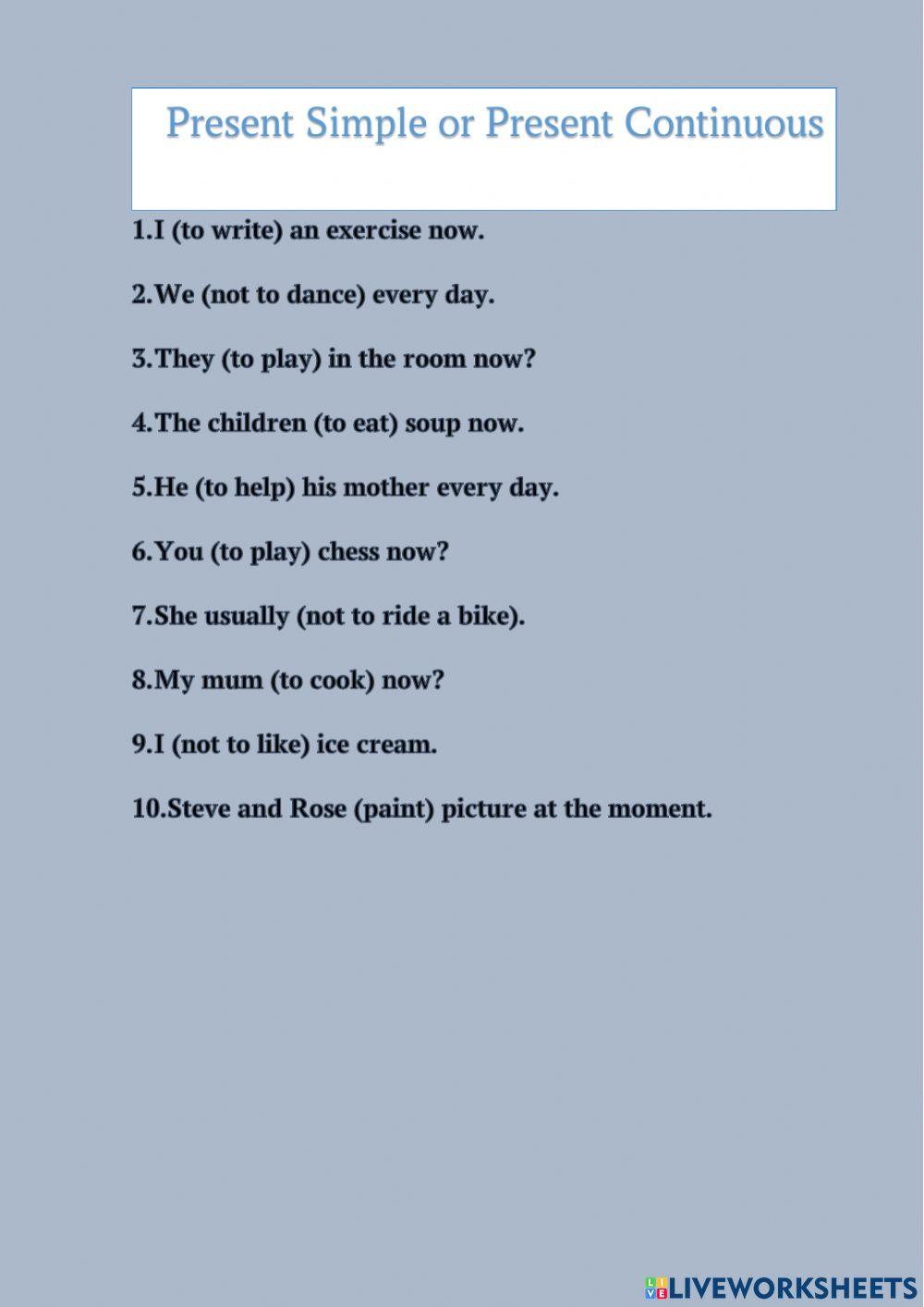 Pdf online activity: Present Simple or Present Continuous | Live Worksheets