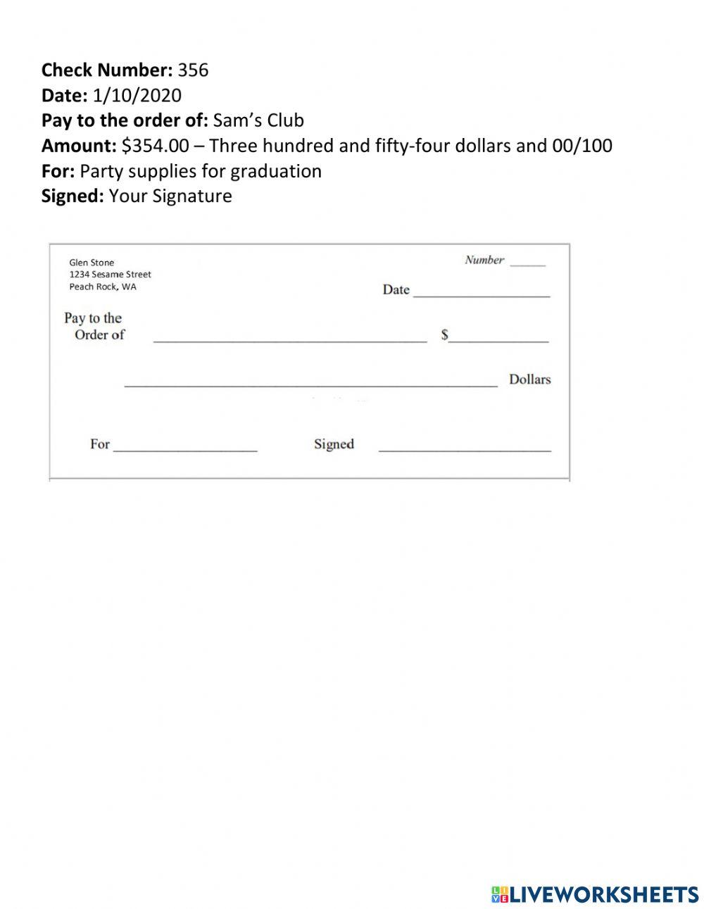 Writing Checks 5 worksheet | Live Worksheets