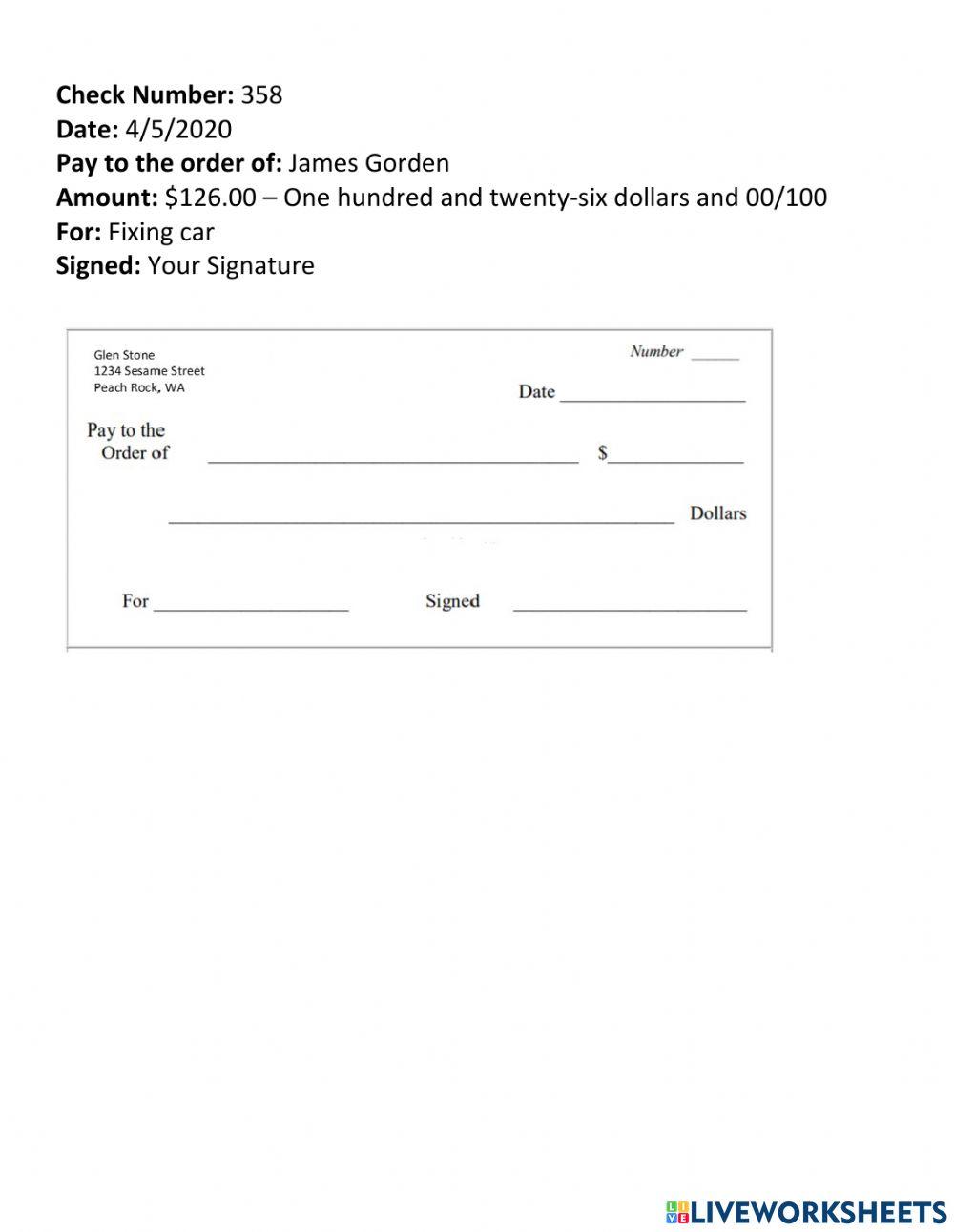 Writing Checks 5 worksheet | Live Worksheets