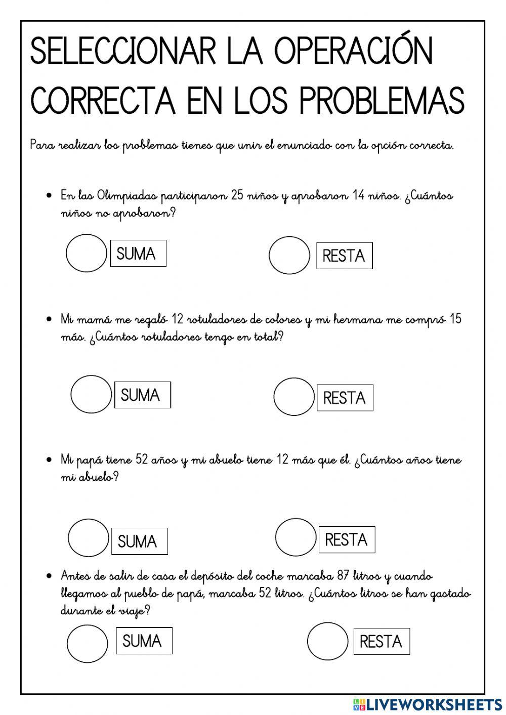 Seleccionar ope… | Free Interactive Worksheets | 853454