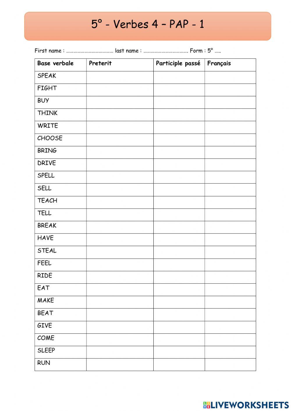 5° verbes 4 - PAP-1 worksheet | Live Worksheets
