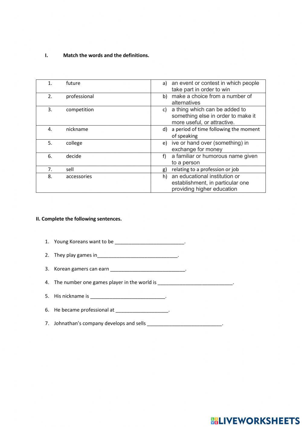 Gamers and gaming worksheet | Live Worksheets
