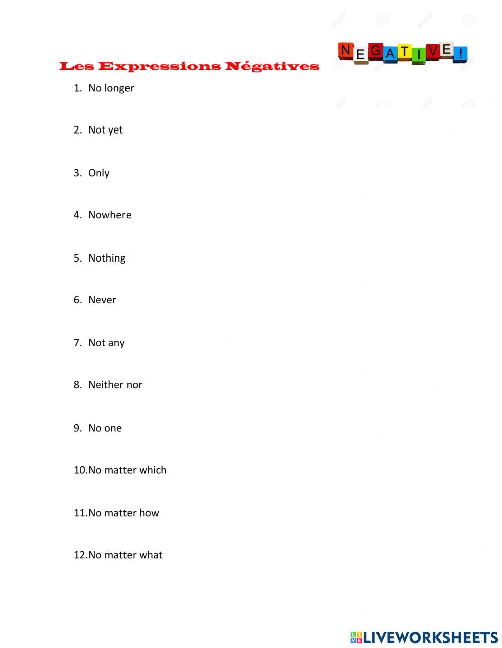 Expressions nég… | Free Interactive Worksheets | 854158