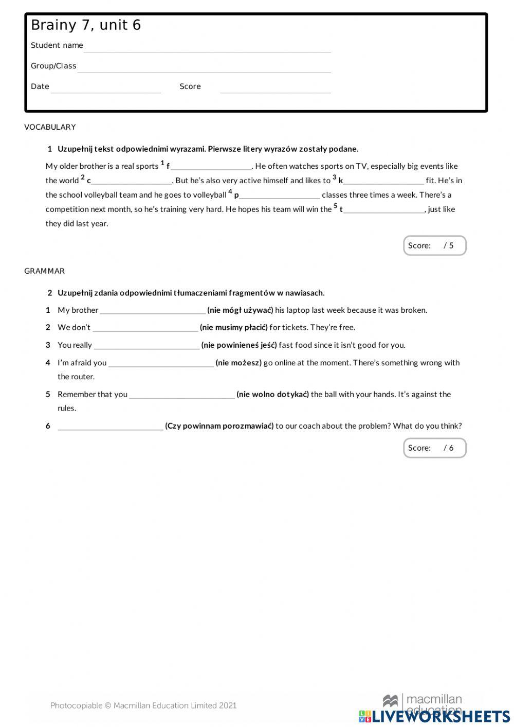 Brainy 7, unit 6 | Free Interactive Worksheets | 4915086