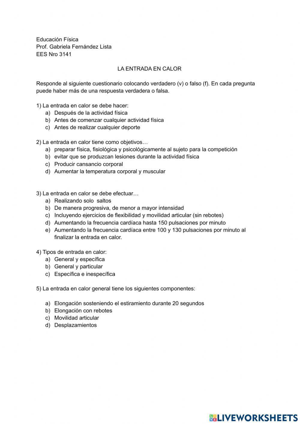 Test sobre la entrada en calor worksheet | Live Worksheets