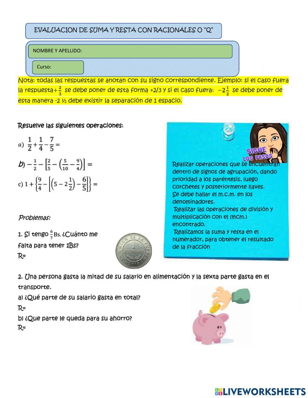 Suma y resta con racionales worksheet | Live Worksheets