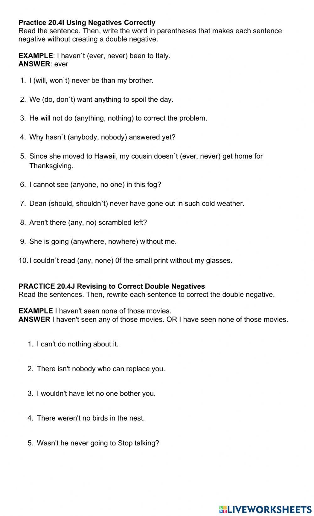 Practice 20.4I Using Negatives Correctly worksheet | Live Worksheets