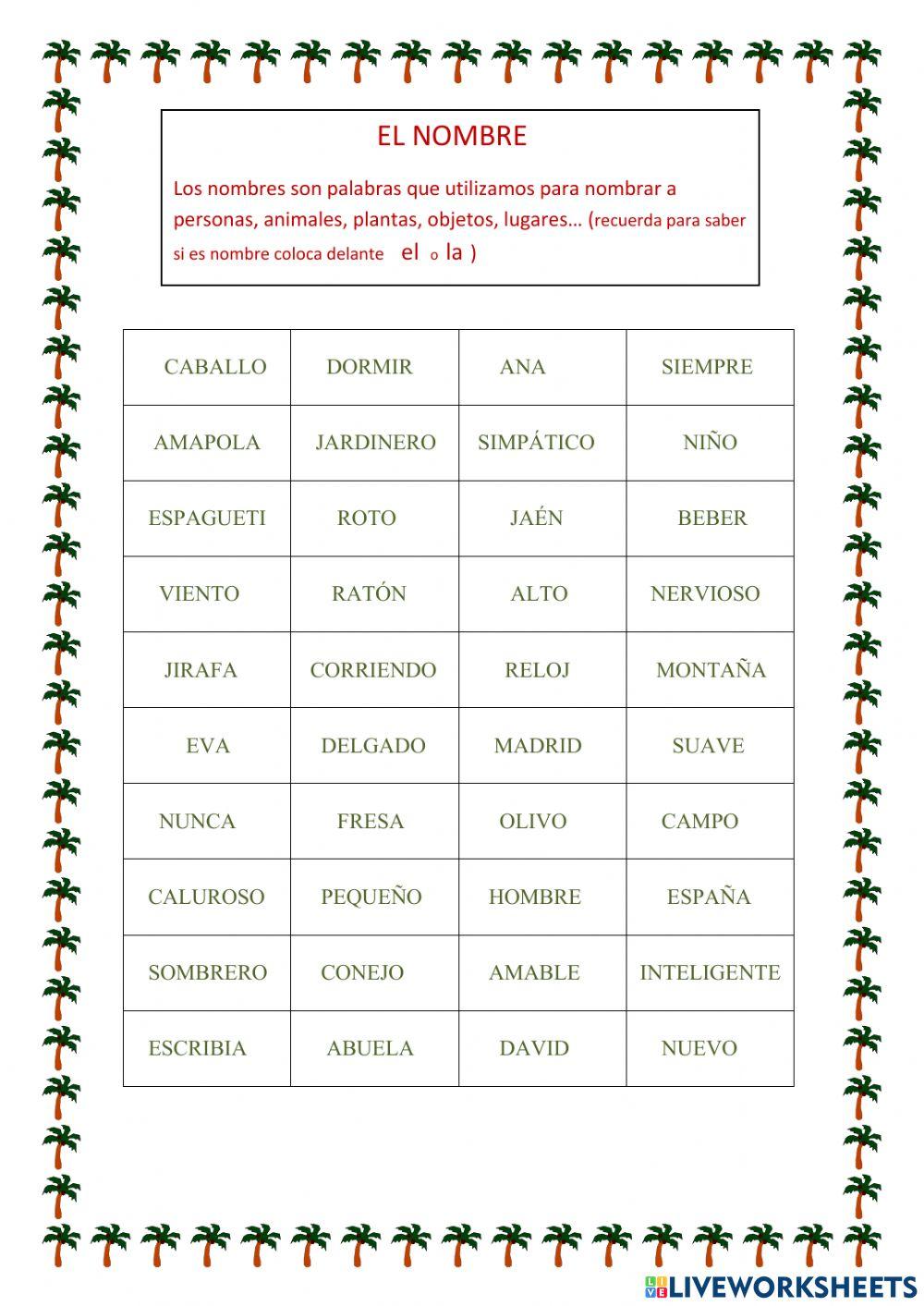 Los nombres | Free Interactive Worksheets | 857164