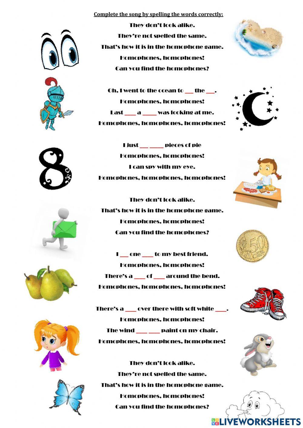 Homophones song worksheet | Live Worksheets