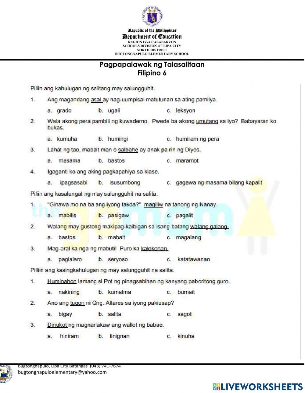 Quarter 3 Week 1 Filipino 6 online exercise for | Live Worksheets