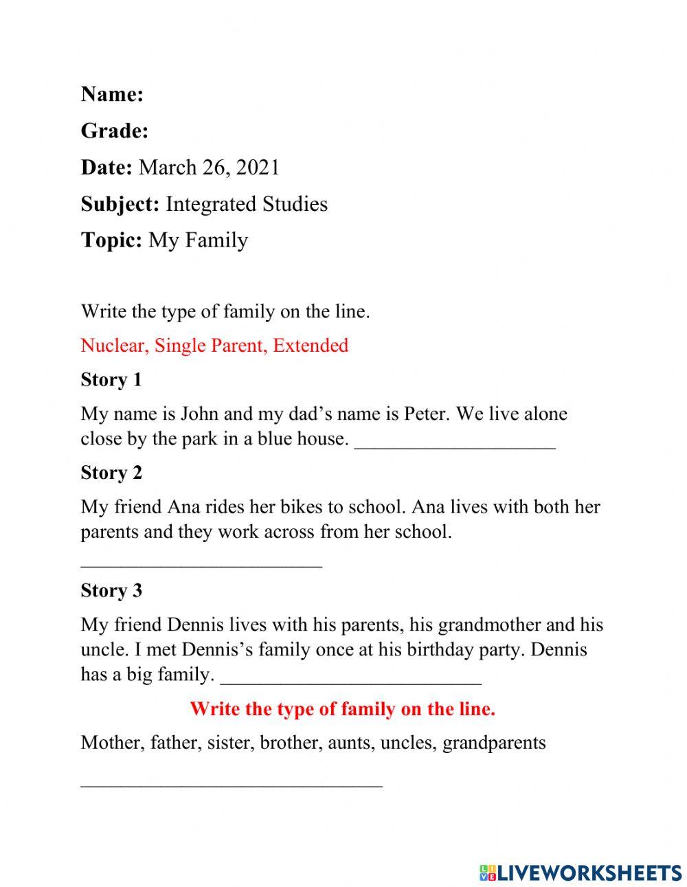 Family Type | MissGayleSTC | Live Worksheets