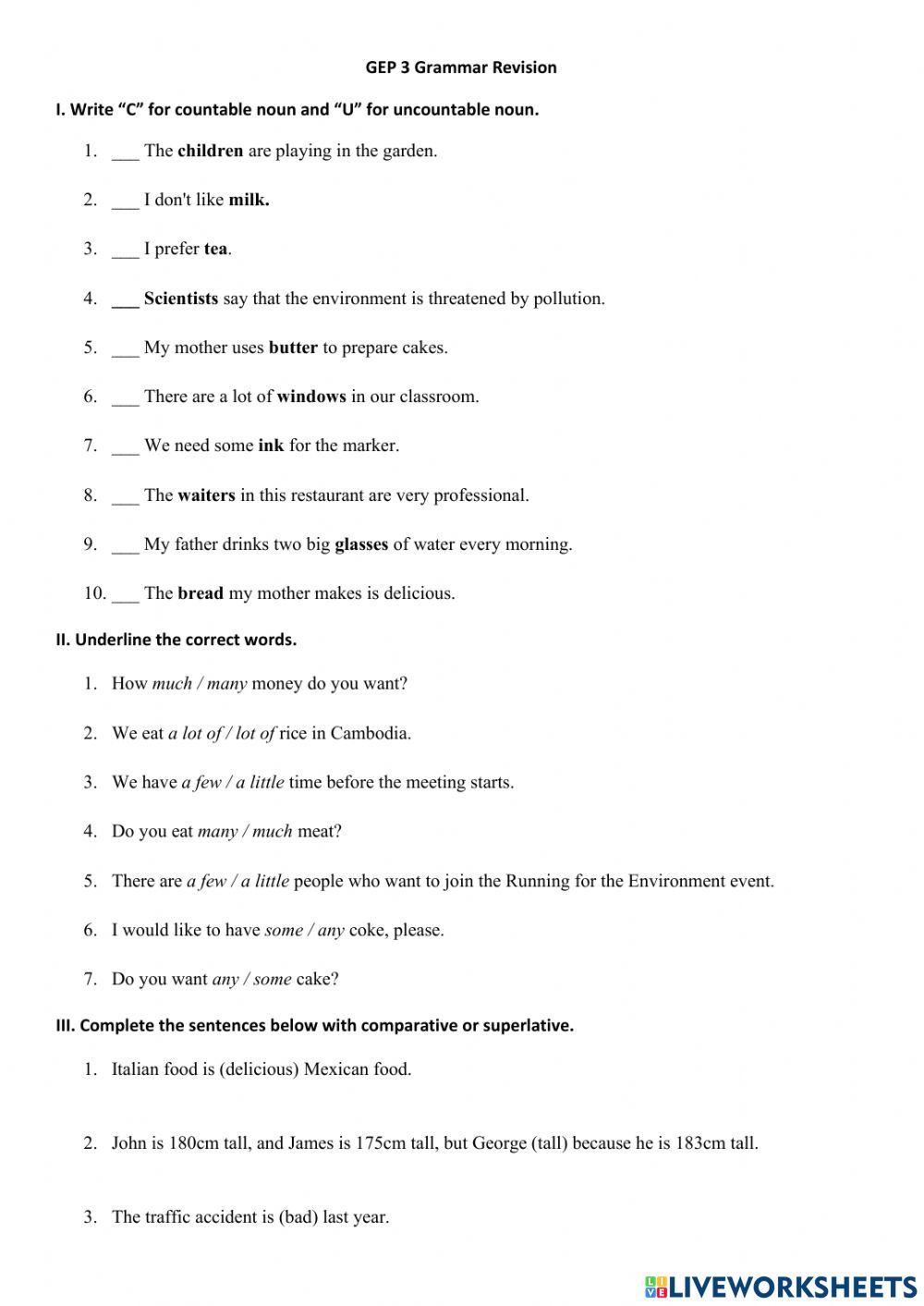 GEP 3 Grammar review worksheet | Live Worksheets
