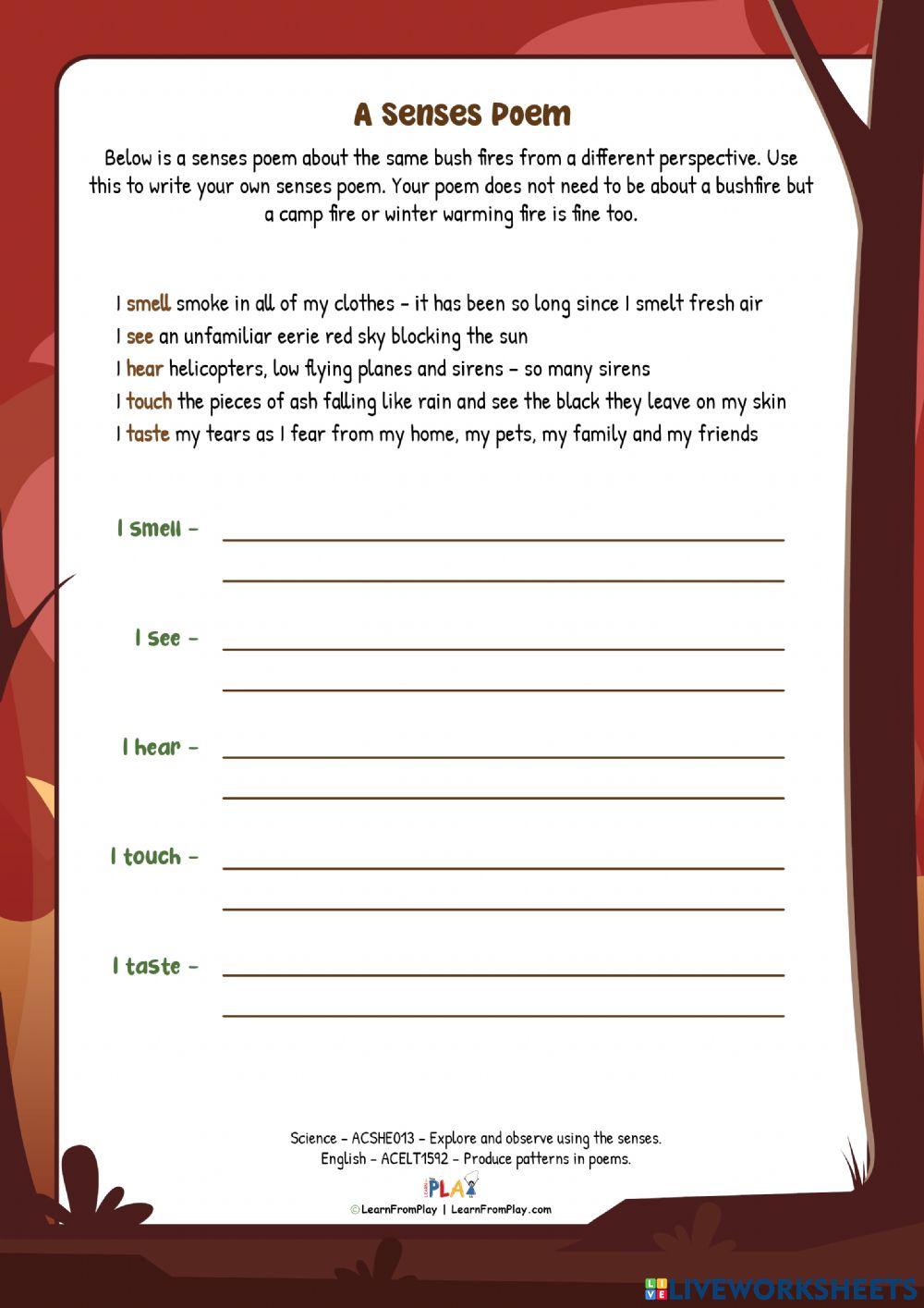 Fire Wombat - Senses Poem worksheet | Live Worksheets