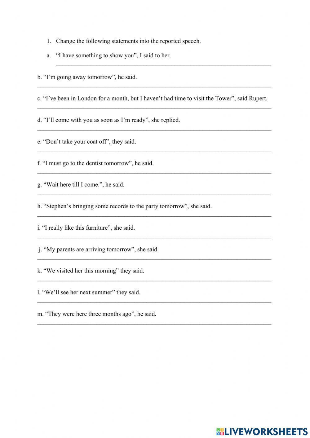 Reported speech online exercise for pre-inter | Live Worksheets