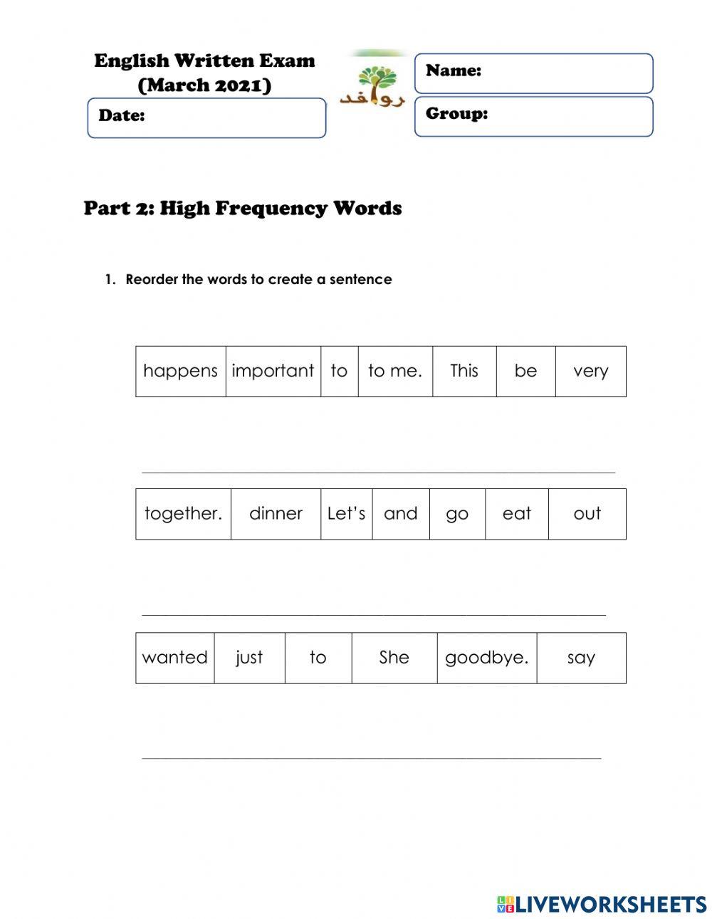 GROUP2 - 2-Darres - HFW Exam worksheet | Live Worksheets