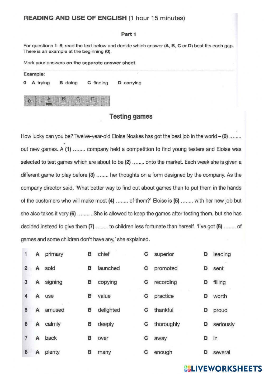 EXAM 3 -FCE online exercise for | Live Worksheets