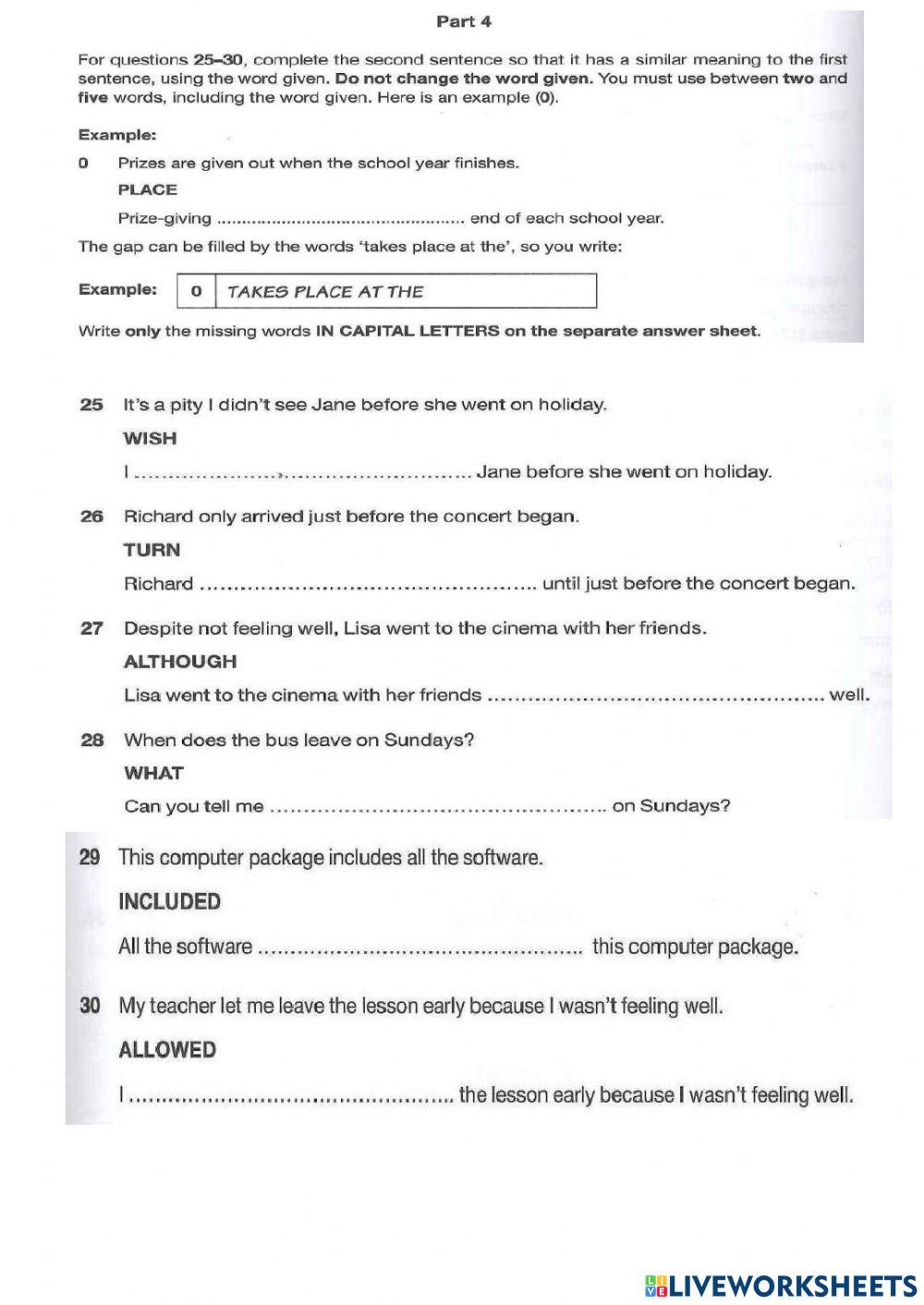 EXAM 3 -FCE online exercise for | Live Worksheets