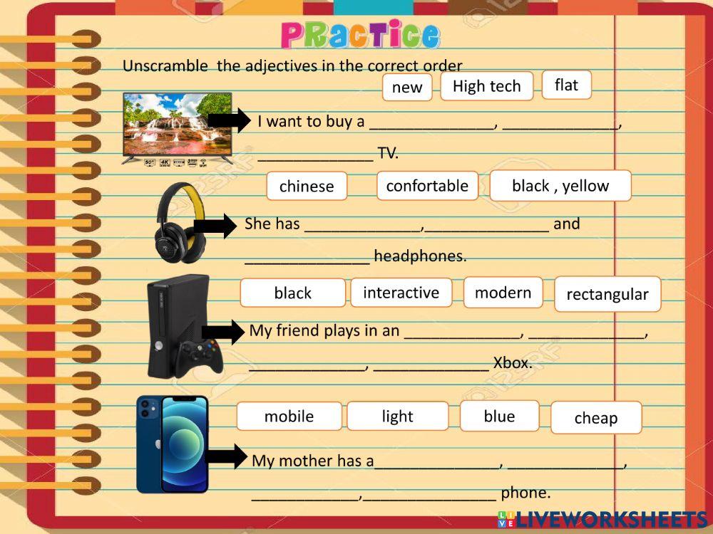 Adjective order online worksheet for elemental | Live Worksheets