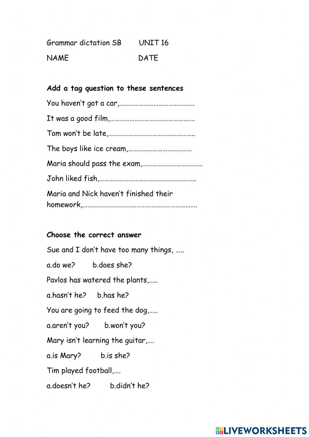 Pdf online worksheet: Grammar dictation | Live Worksheets