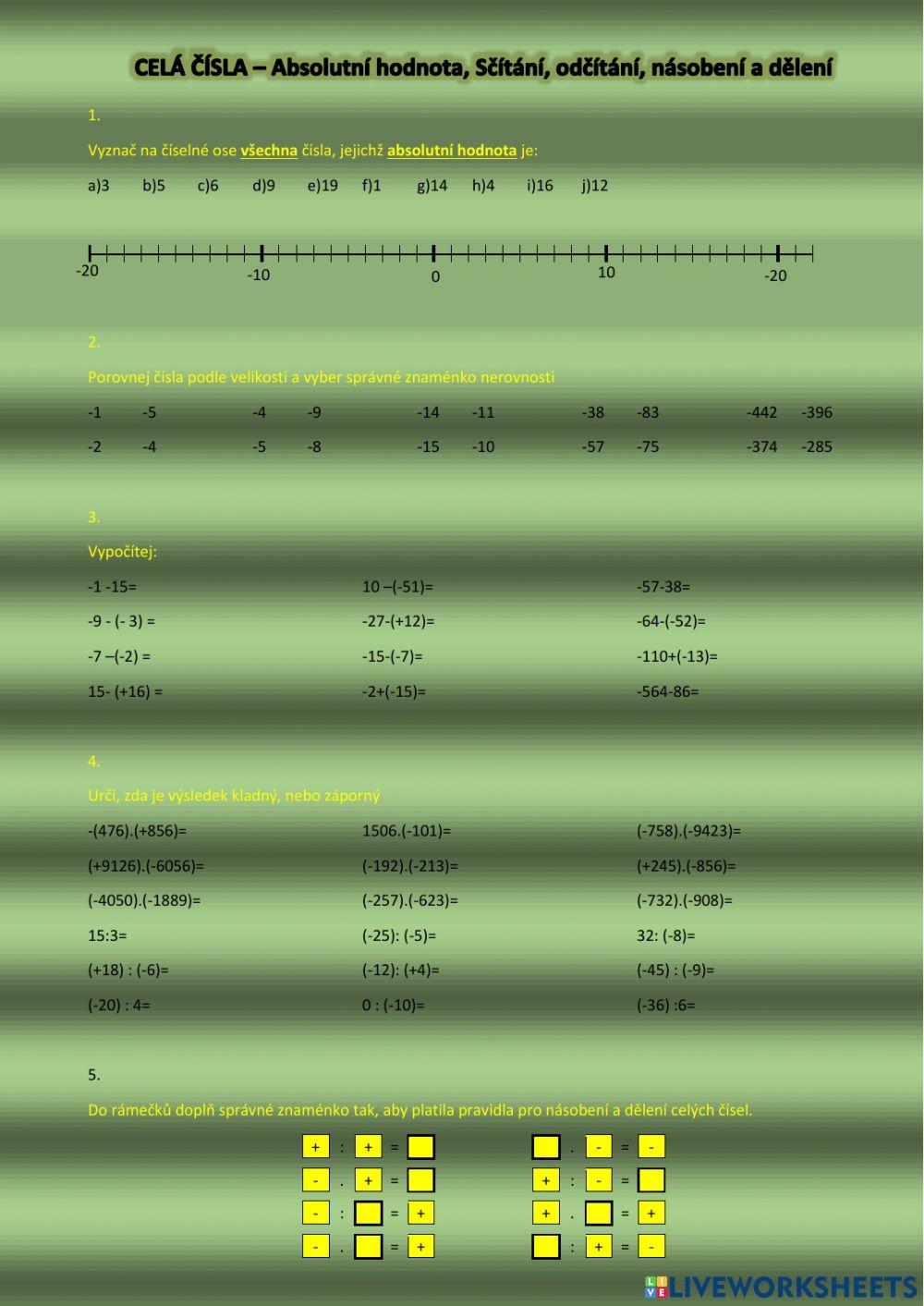 Celá čísla worksheet for 7 | Live Worksheets