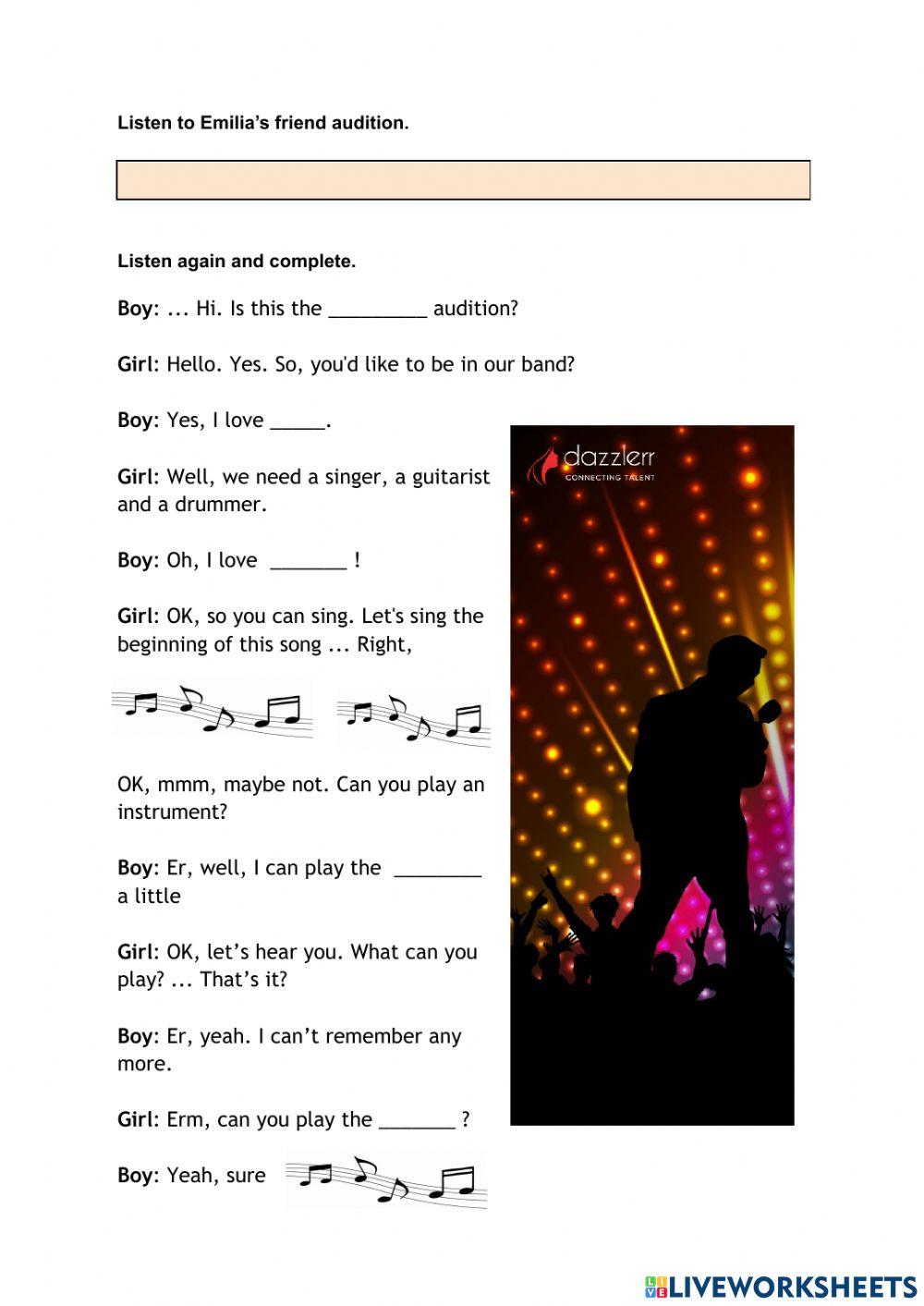 Band Audition worksheet | Live Worksheets