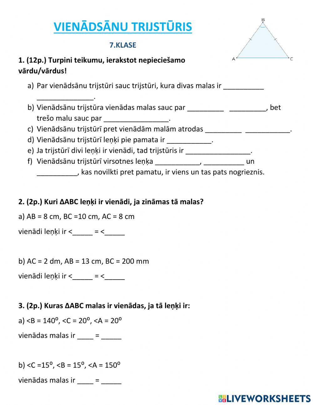 7.klase Vienādsānu trijstūris worksheet | Live Worksheets