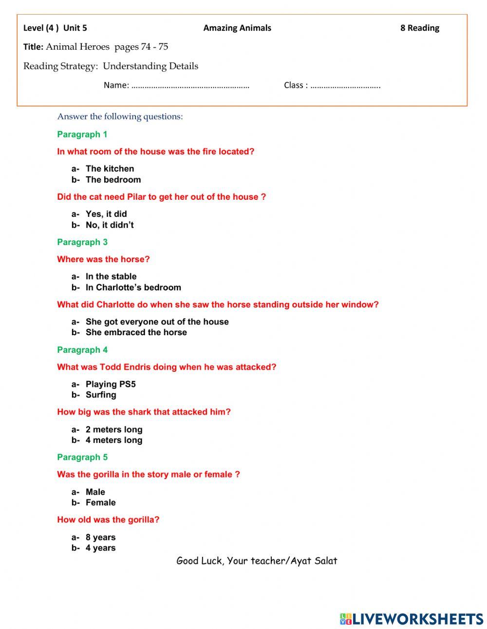 Mega Goal 4 - Unit 5 Lesson 8 Reading online exercise for | Live Worksheets
