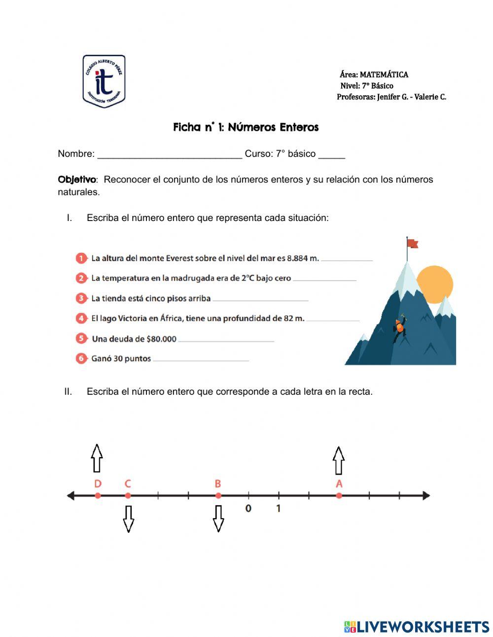 Ficha n° 1: Números Enteros worksheet | Live Worksheets