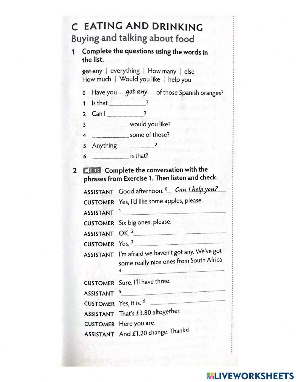 At a Restaurant worksheet for intermediate | Live Worksheets