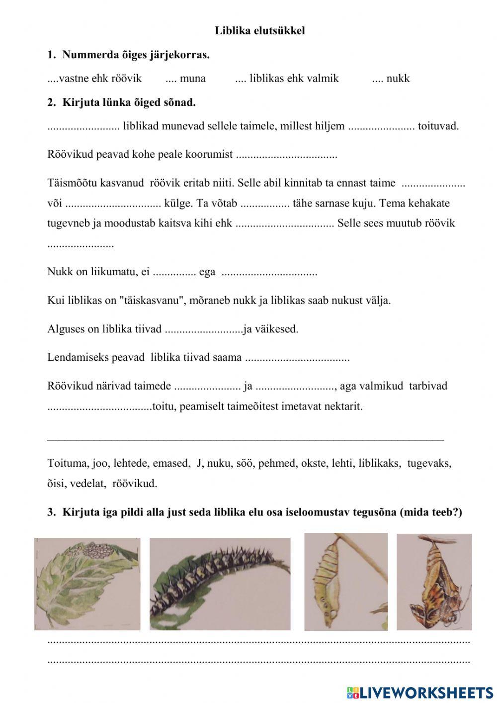 Liblika elutsük… | Free Interactive Worksheets | 862630